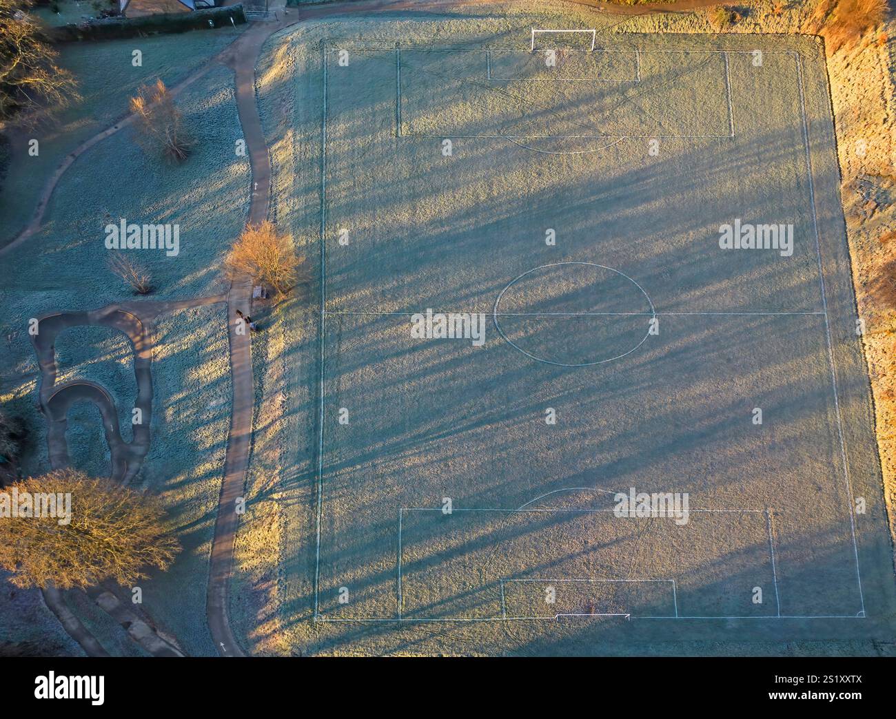 aerial view of a football pitch at battle recreation ground in east ...