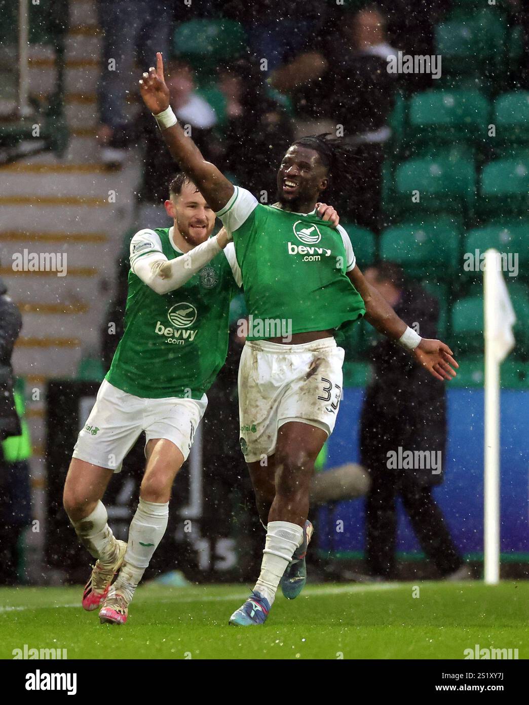 Hibernian's Rocky Bushiri celebrates scoring their side's third goal of ...