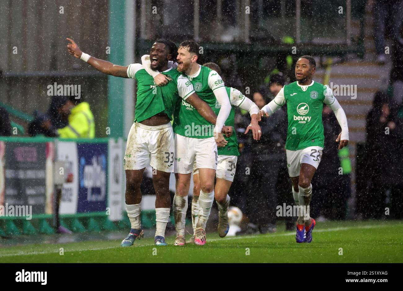 Hibernian's Rocky Bushiri celebrates scoring their side's third goal of ...