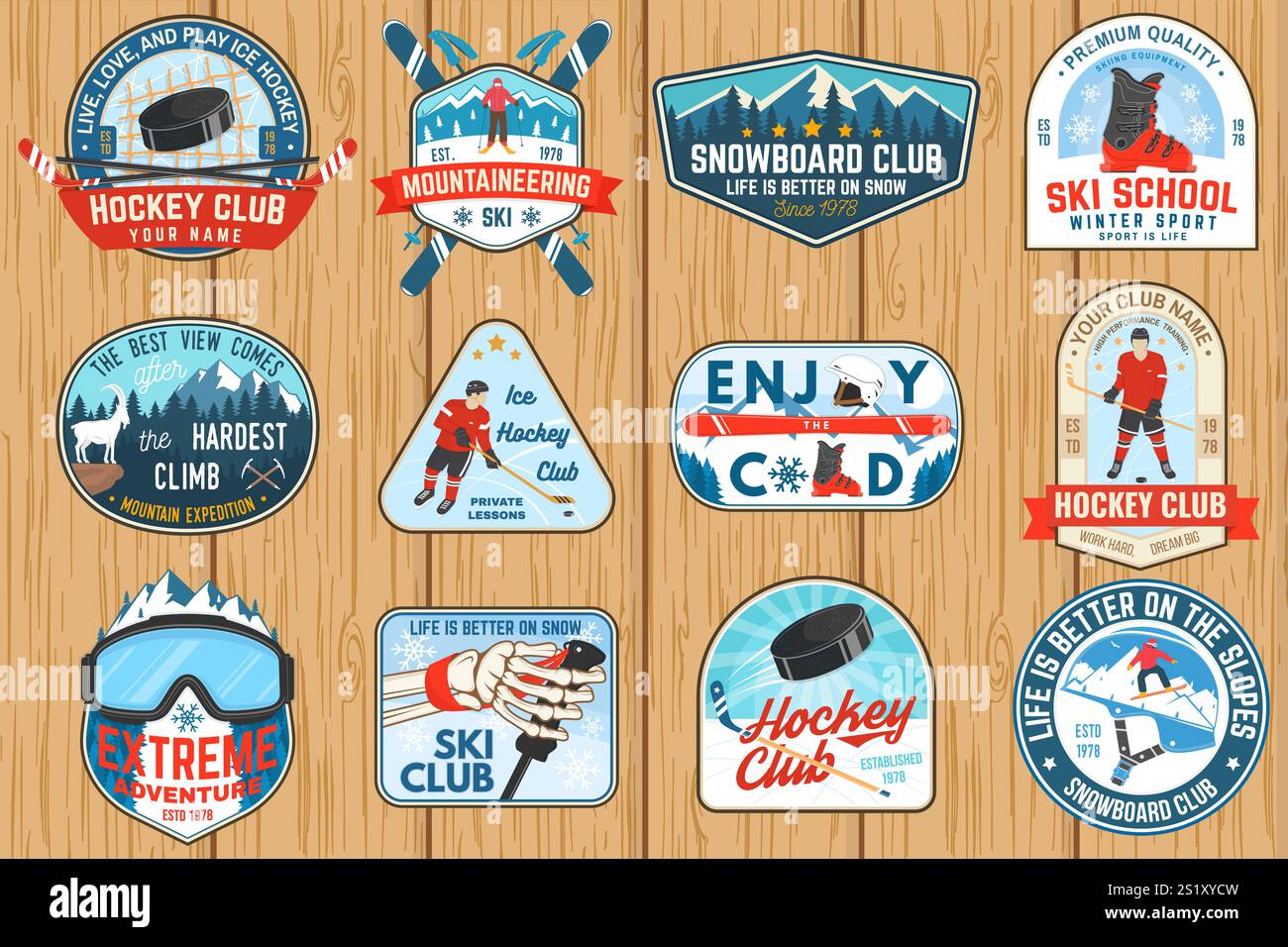 Set of Ice Hockey club, ski and Snowboard Club sport retro badge, patch ...