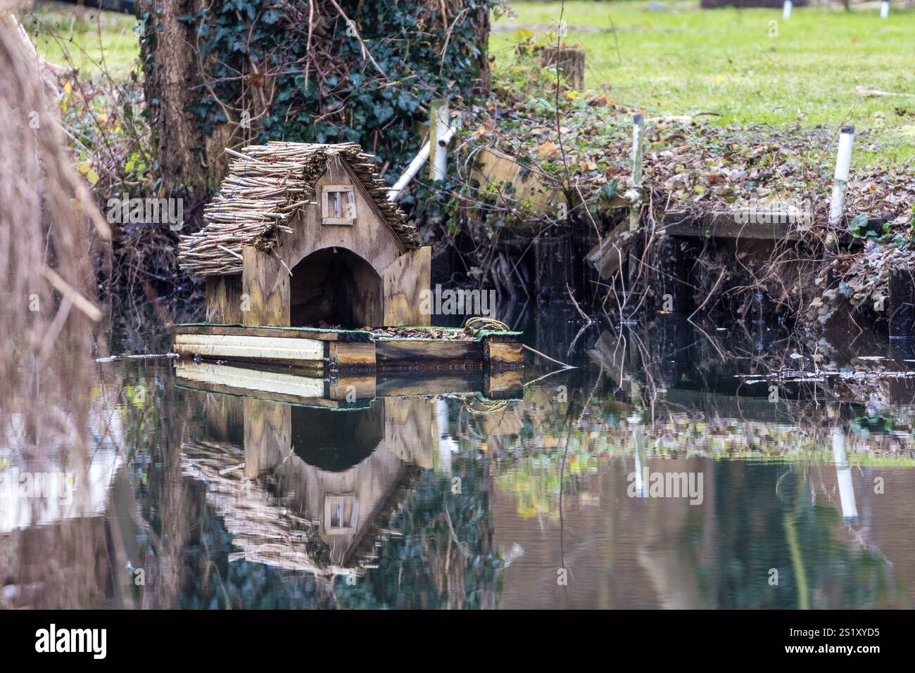 05 January 2025, Brandenburg, Cottbus: A wooden duck house floats on ...