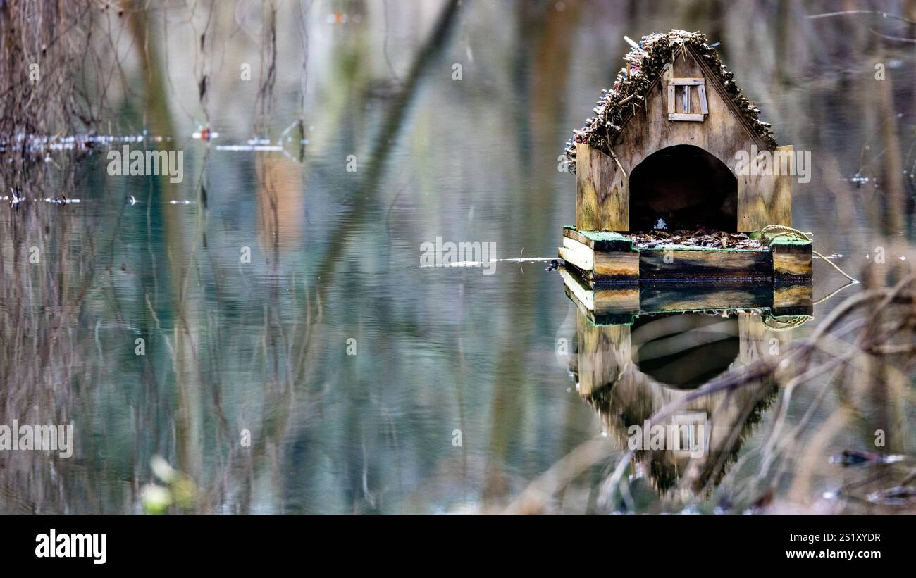 05 January 2025, Brandenburg, Cottbus: A wooden duck house floats on ...