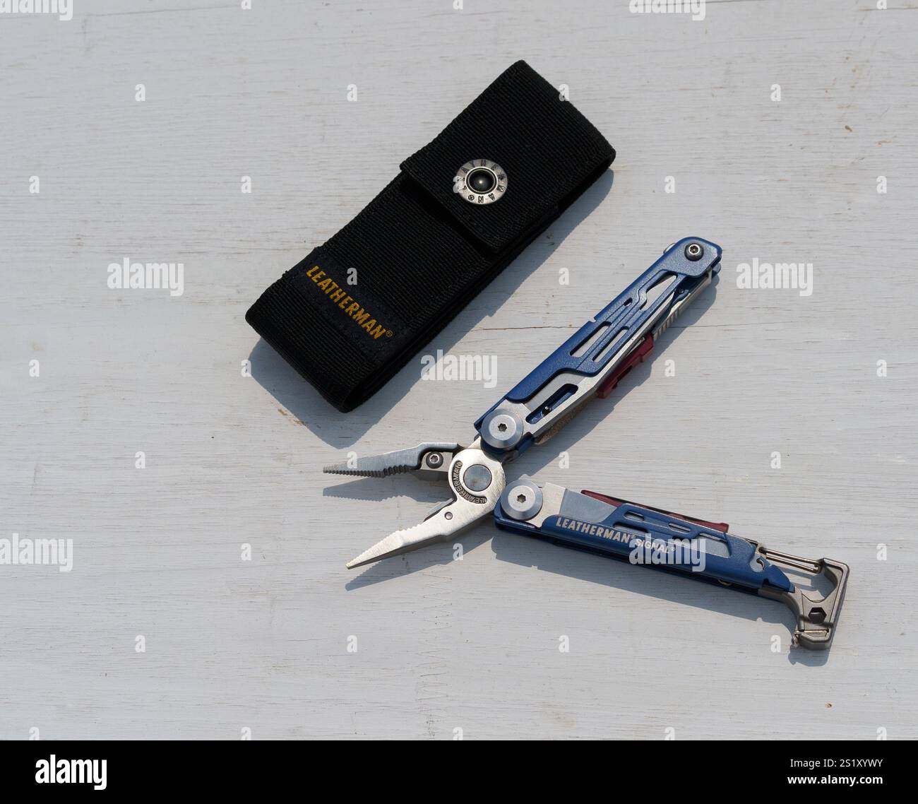 Pair of scissors with a leatherman brand case. The case is black and ...