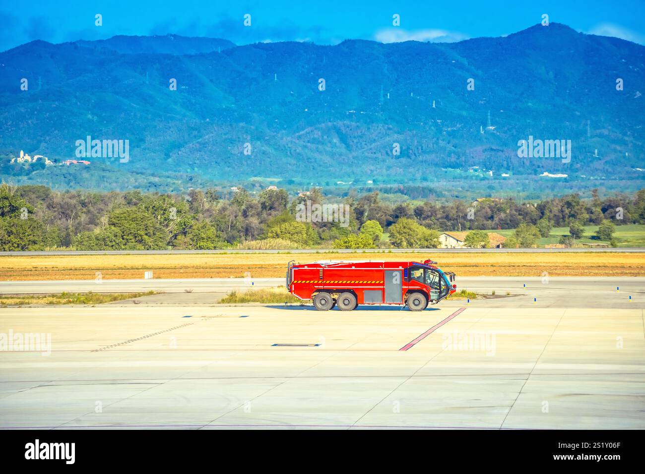 Fire engine at Girona Costa Brava airport view. Fire protection on ...