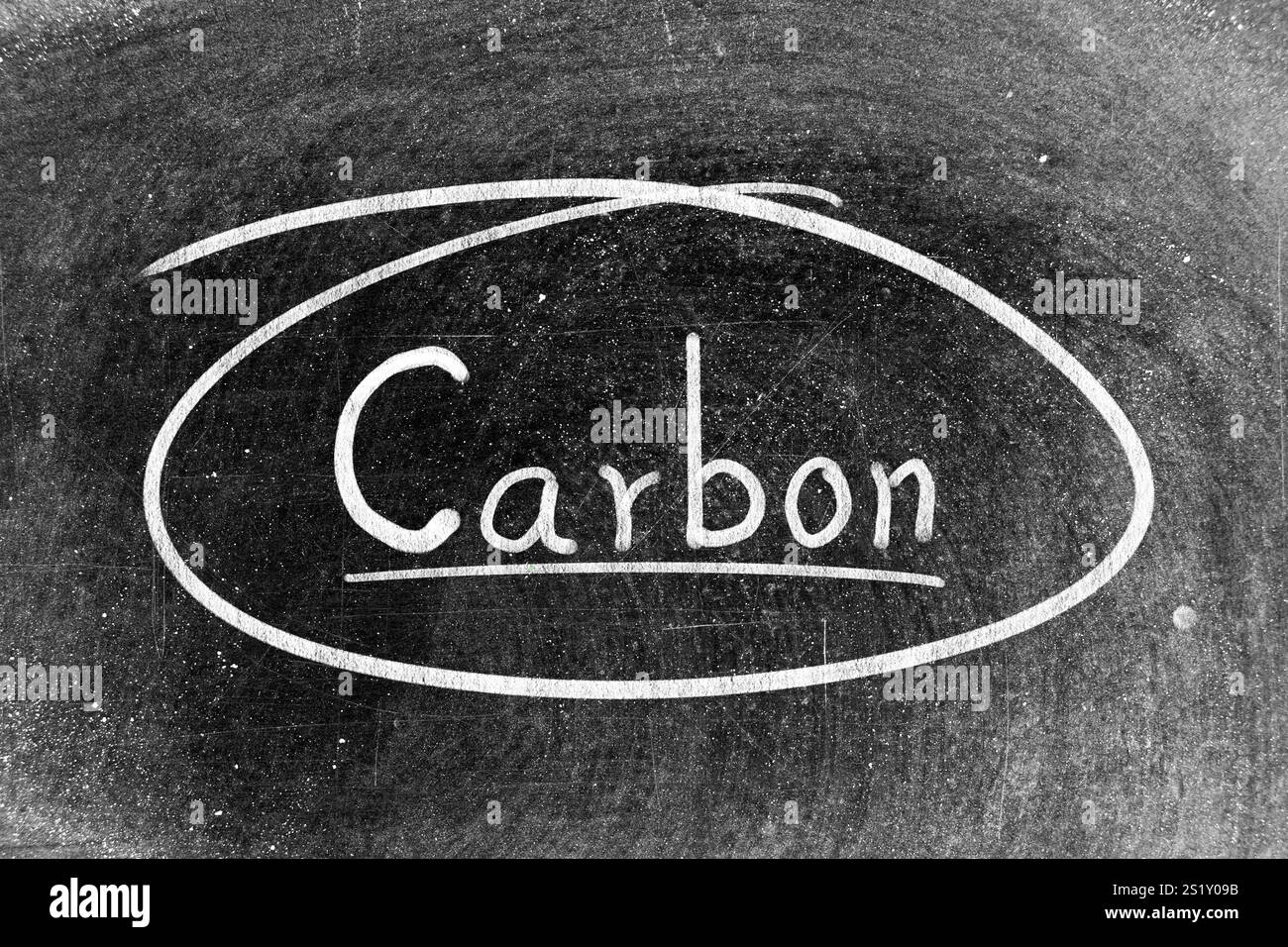 White chalk hand writing in word carbon and circle shape on blackboard ...