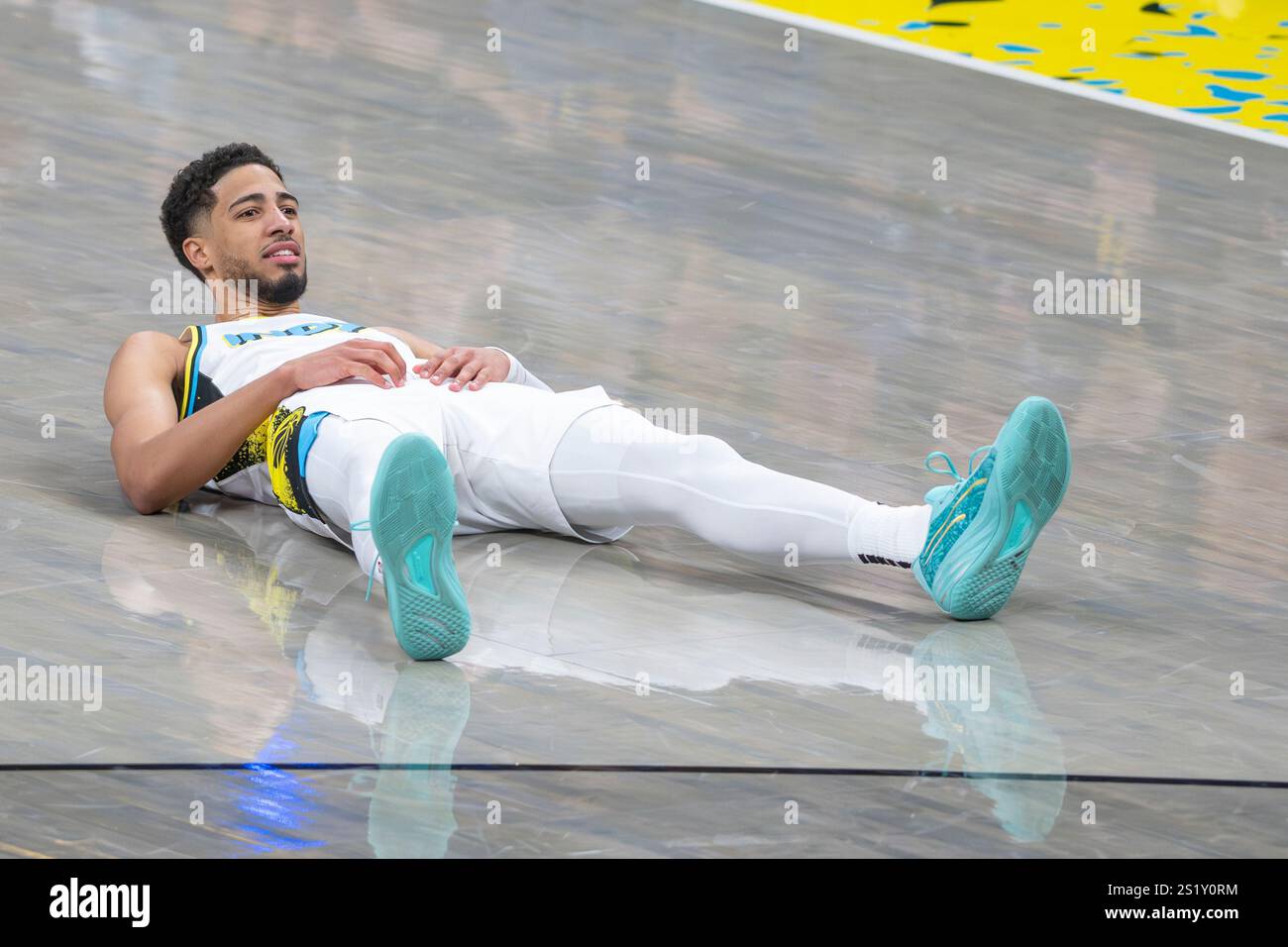 Indiana Pacers guard Tyrese Haliburton (0) lays on the floor after ...