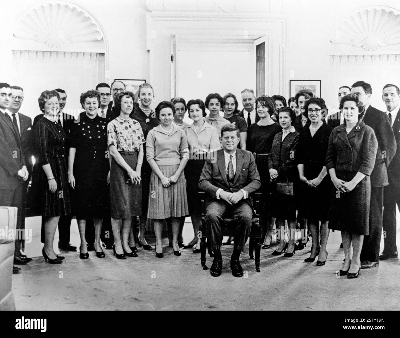 JAN1961 President Kennedy poses with his staff in the Oval Office. (L-R ...