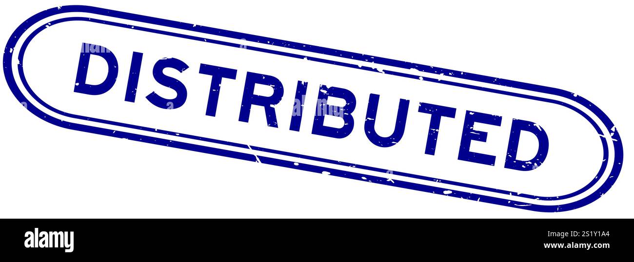 Grunge blue distributed word rubber seal stamp on white background ...