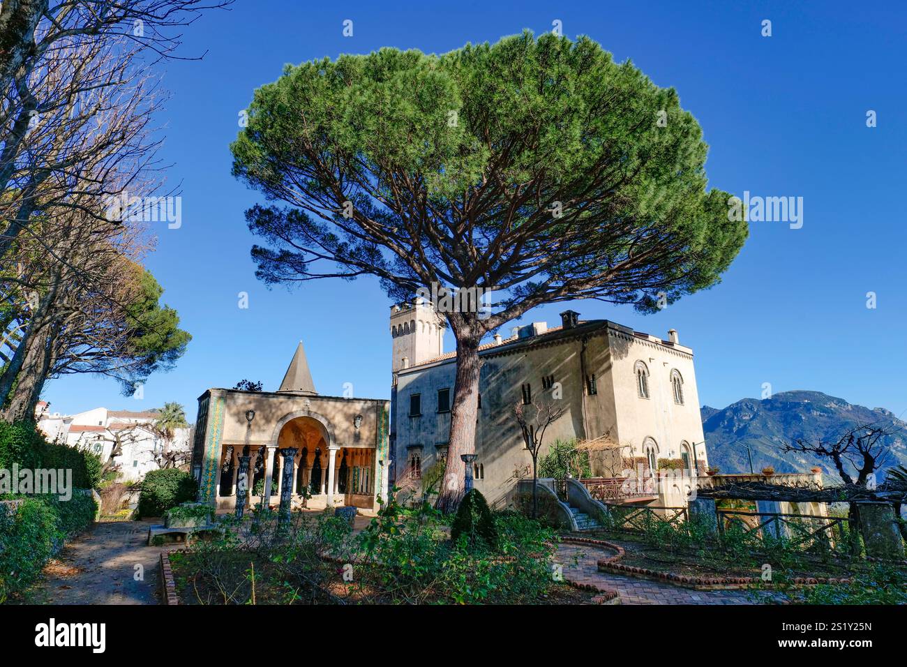 Old buildings in a public garden in Ravello, a town in the province of ...