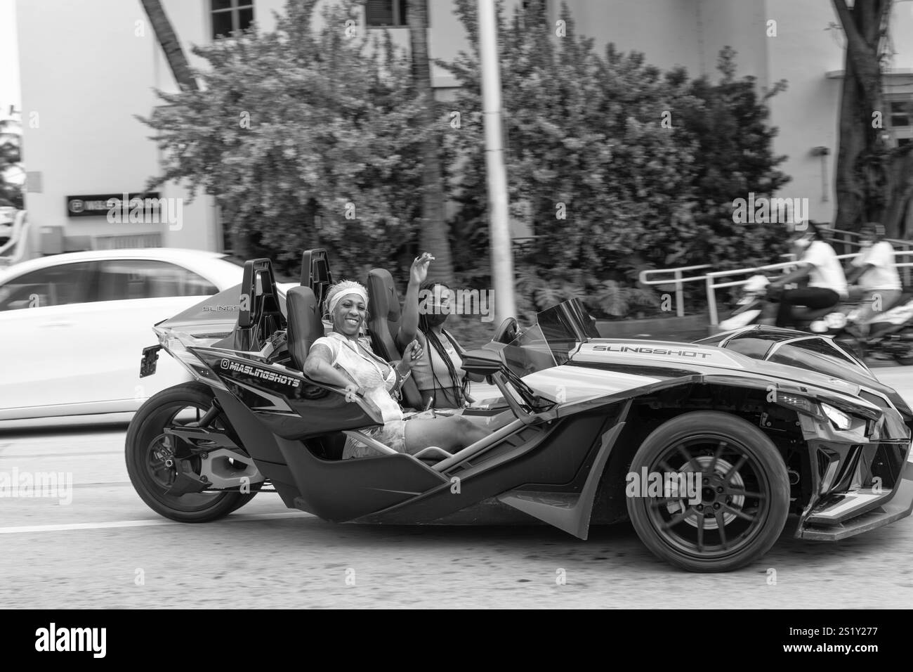 Miami Beach, Florida USA - March 19, 2021: blue polaris slingshot with ...