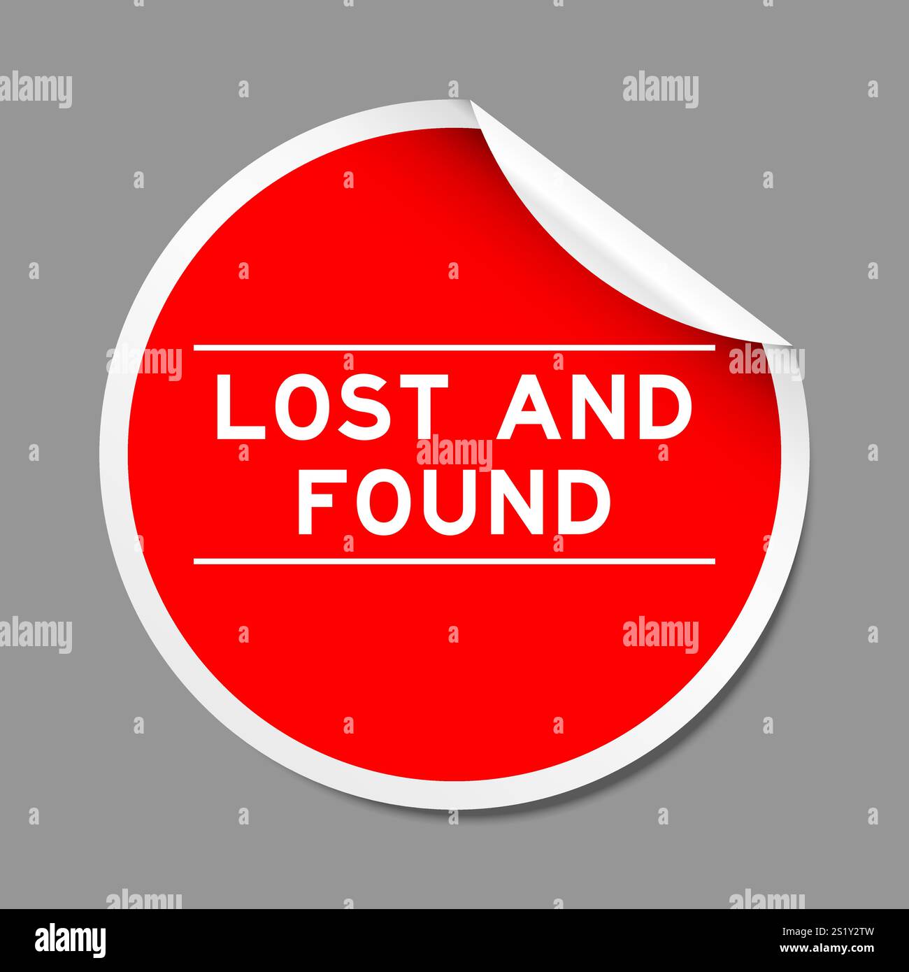 Red color peel sticker label with word lost and found on gray ...