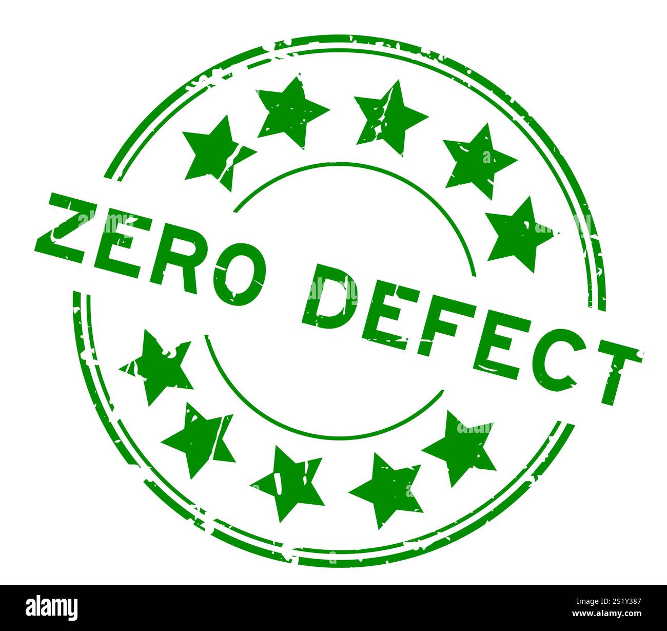 Grunge green zero defect word with star icon round rubber seal stamp on ...