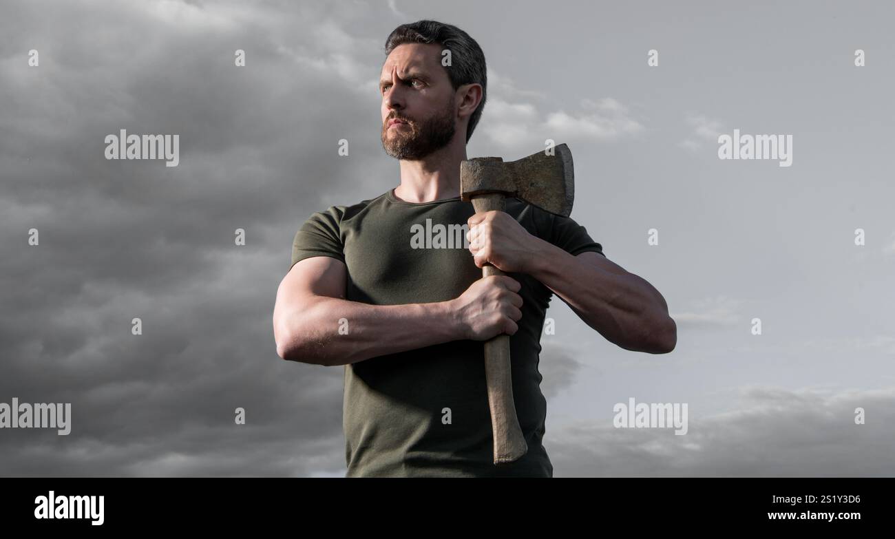 strong man with axe. woodcutter man hold ax. brutal man on sky ...