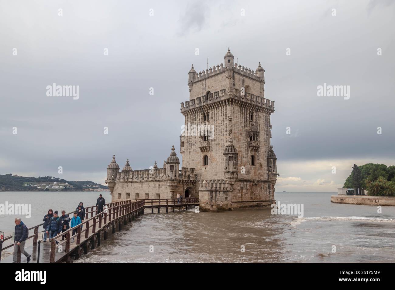 Belem Tower, famous monument, historic tower and bridge over Tagus ...