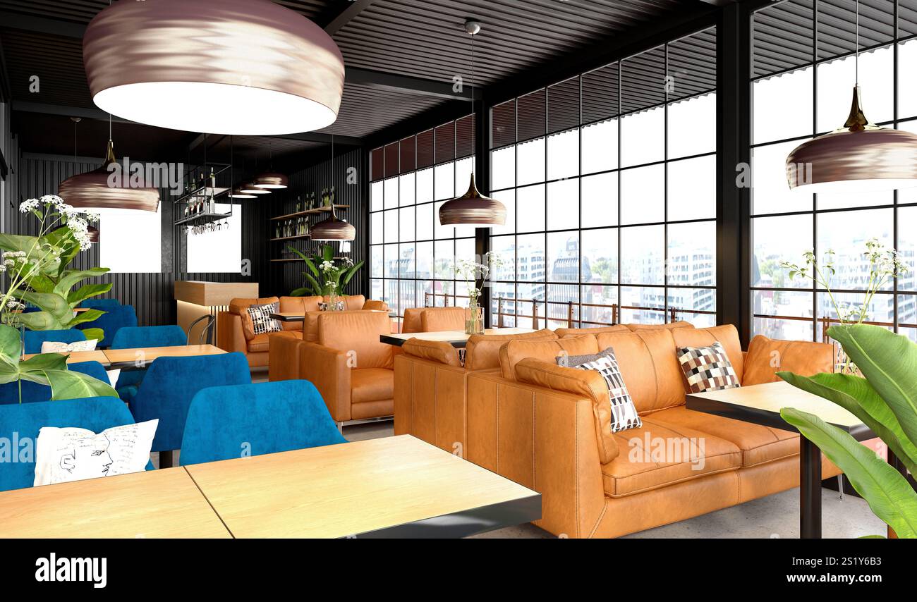 3d render cafe restaurant interior Stock Photo - Alamy