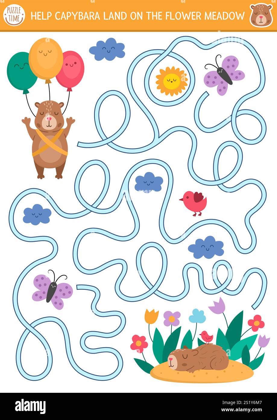 Fun maze for kids with capybara flying on balloons to flower meadow ...