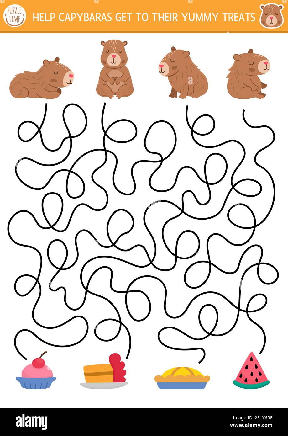 Fun maze for kids with capybaras and yummy treats. Capibara preschool ...