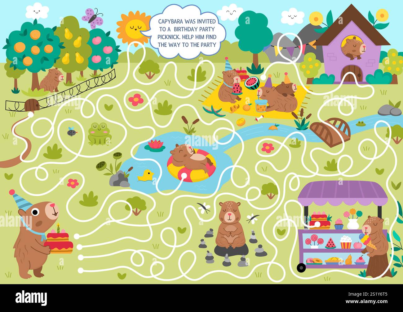 Fun maze for kids with capybara in cone hat going to birthday party ...