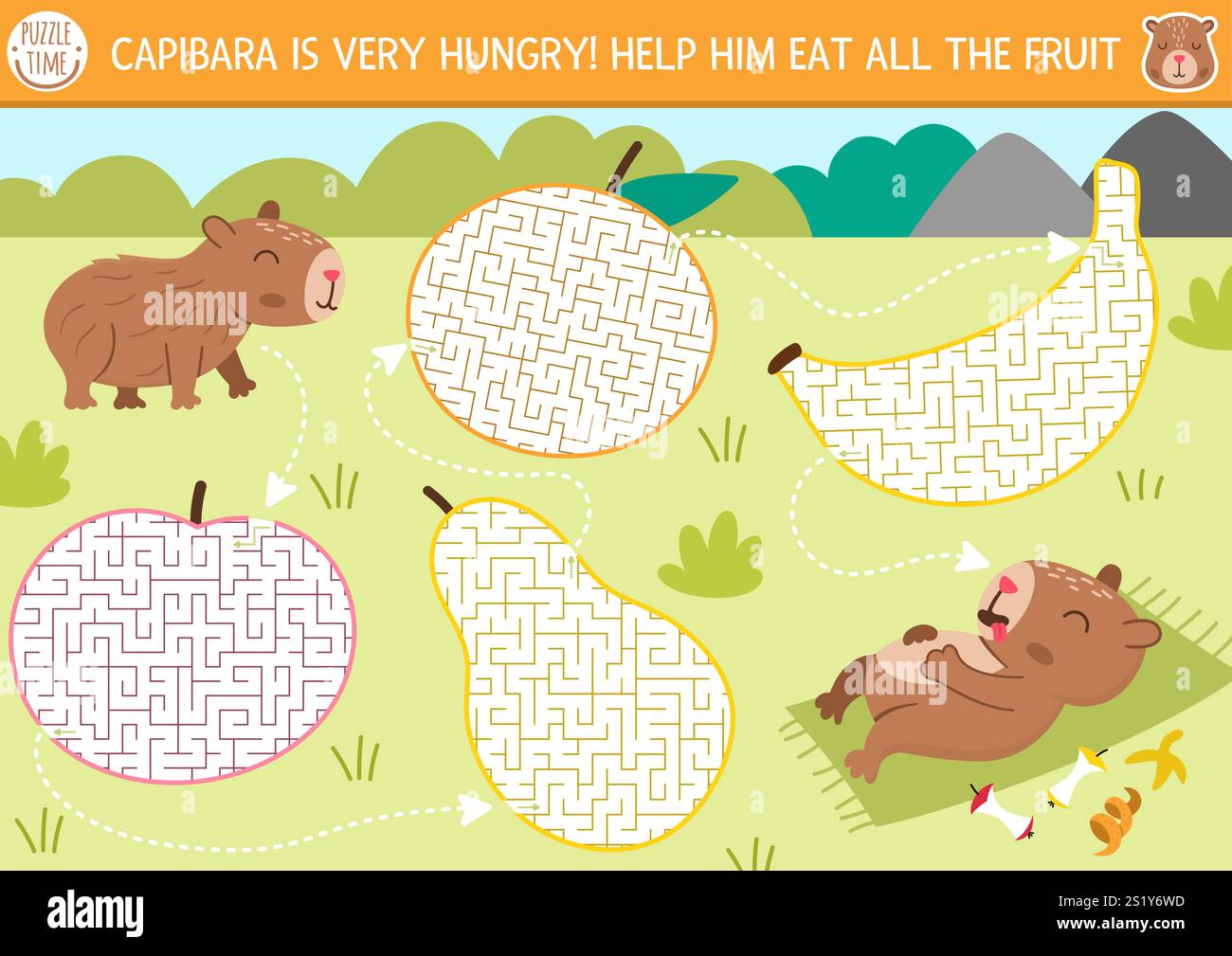 Capybara maze for kids geometrical fruits. Hungry capibara preschool ...