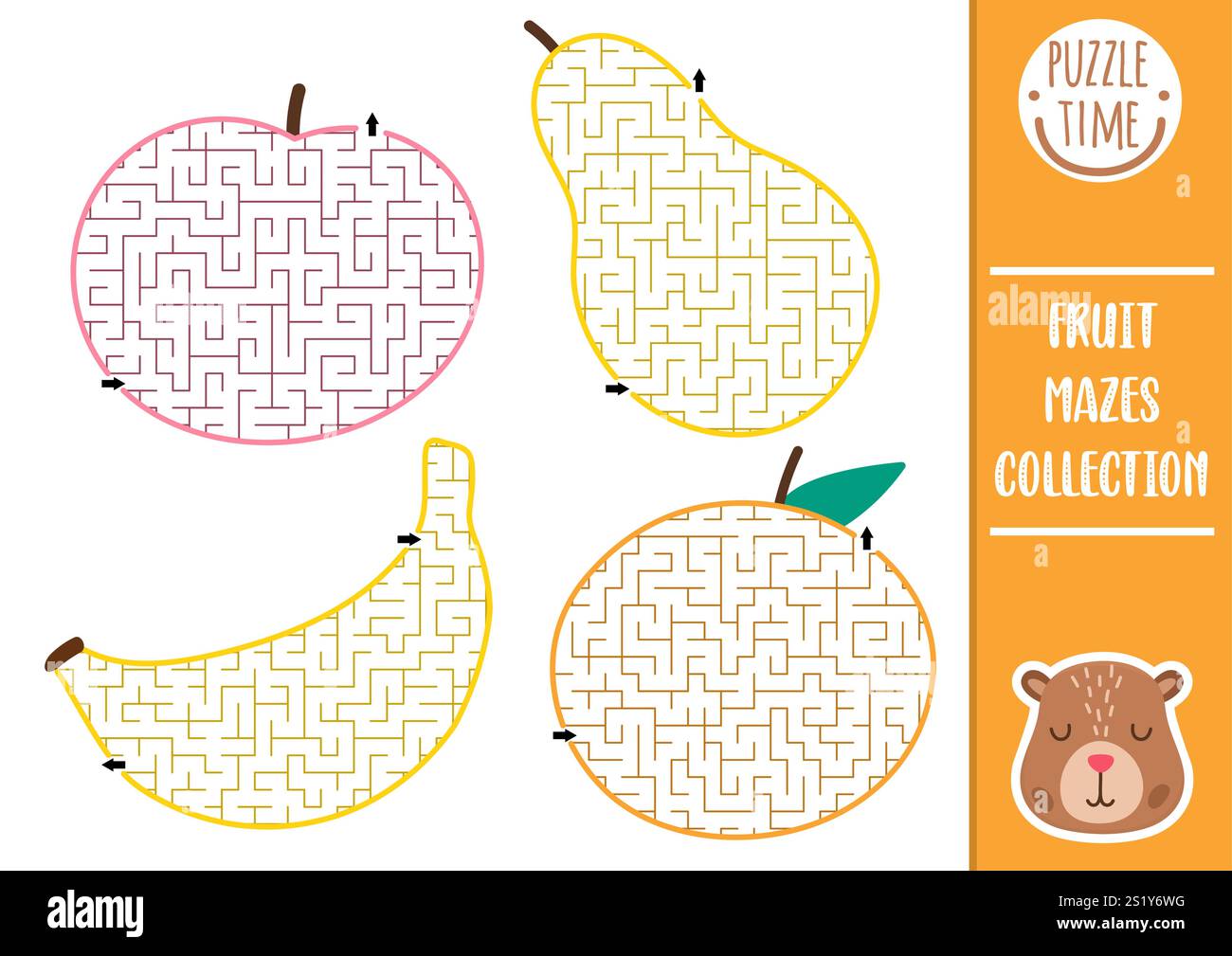 Fruit geometrical maze set for kids. Preschool printable activity ...