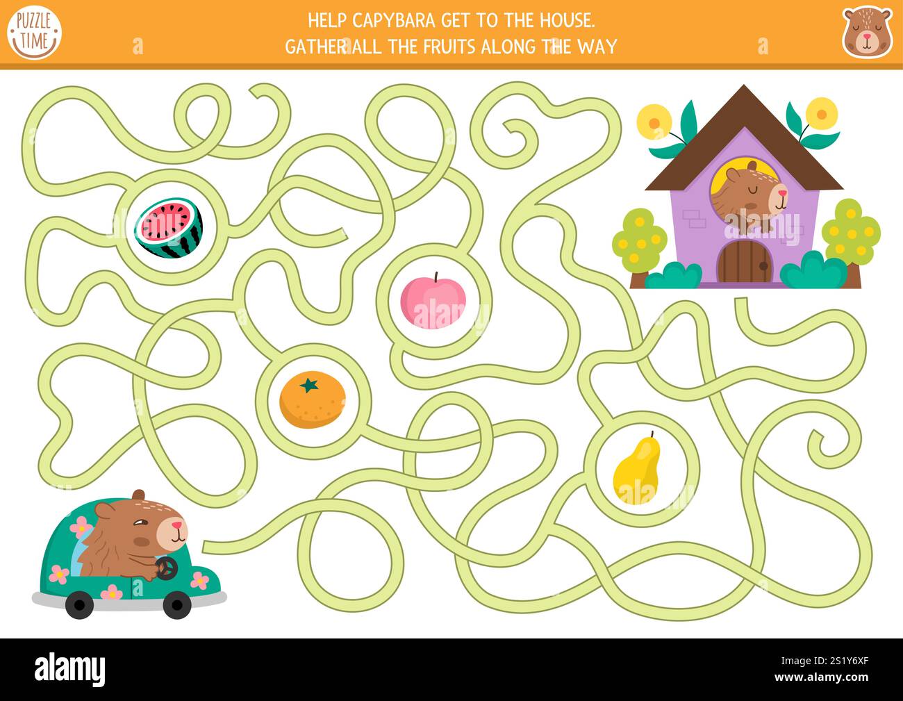 Fun maze for kids with capybara driving car to the house. Capibara ...
