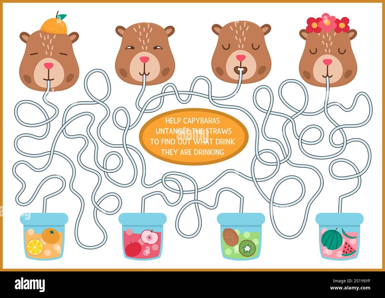 Fun maze for kids with capybaras drinking bubble tea. Capibara ...