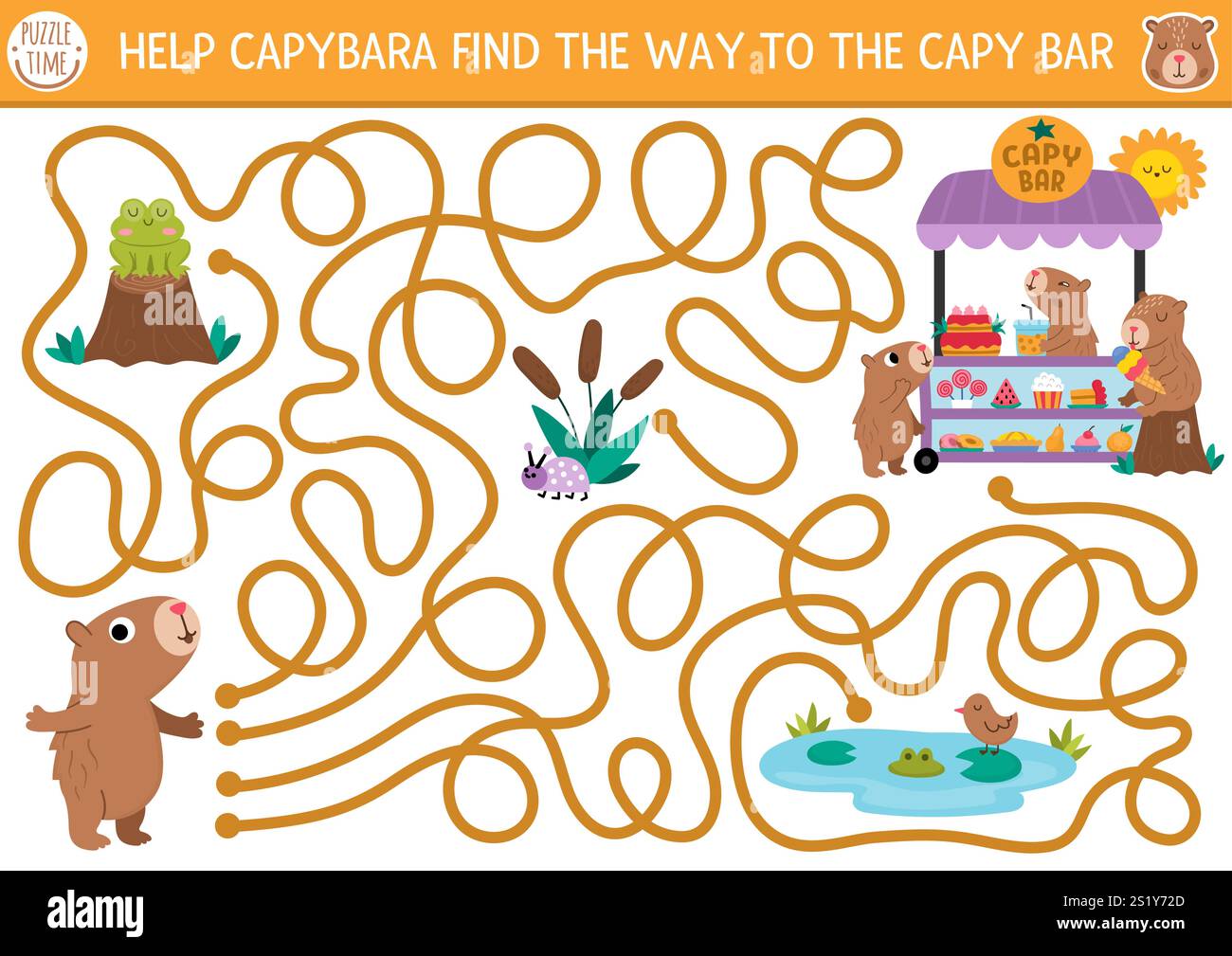 Fun maze for kids with capybara going to dessert cart. Capibara ...