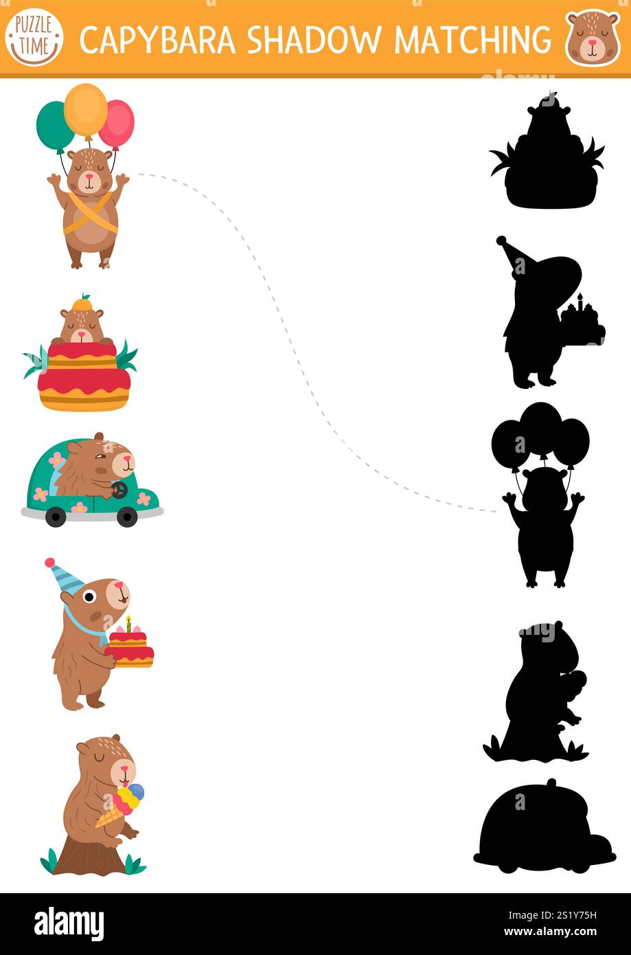 Capibara shadow matching activity. Capybara shape recognition puzzle ...
