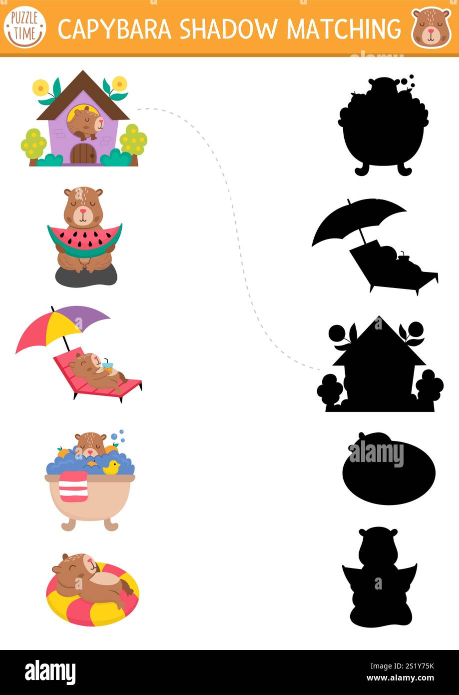 Capibara shadow matching activity. Capybara shape recognition puzzle ...