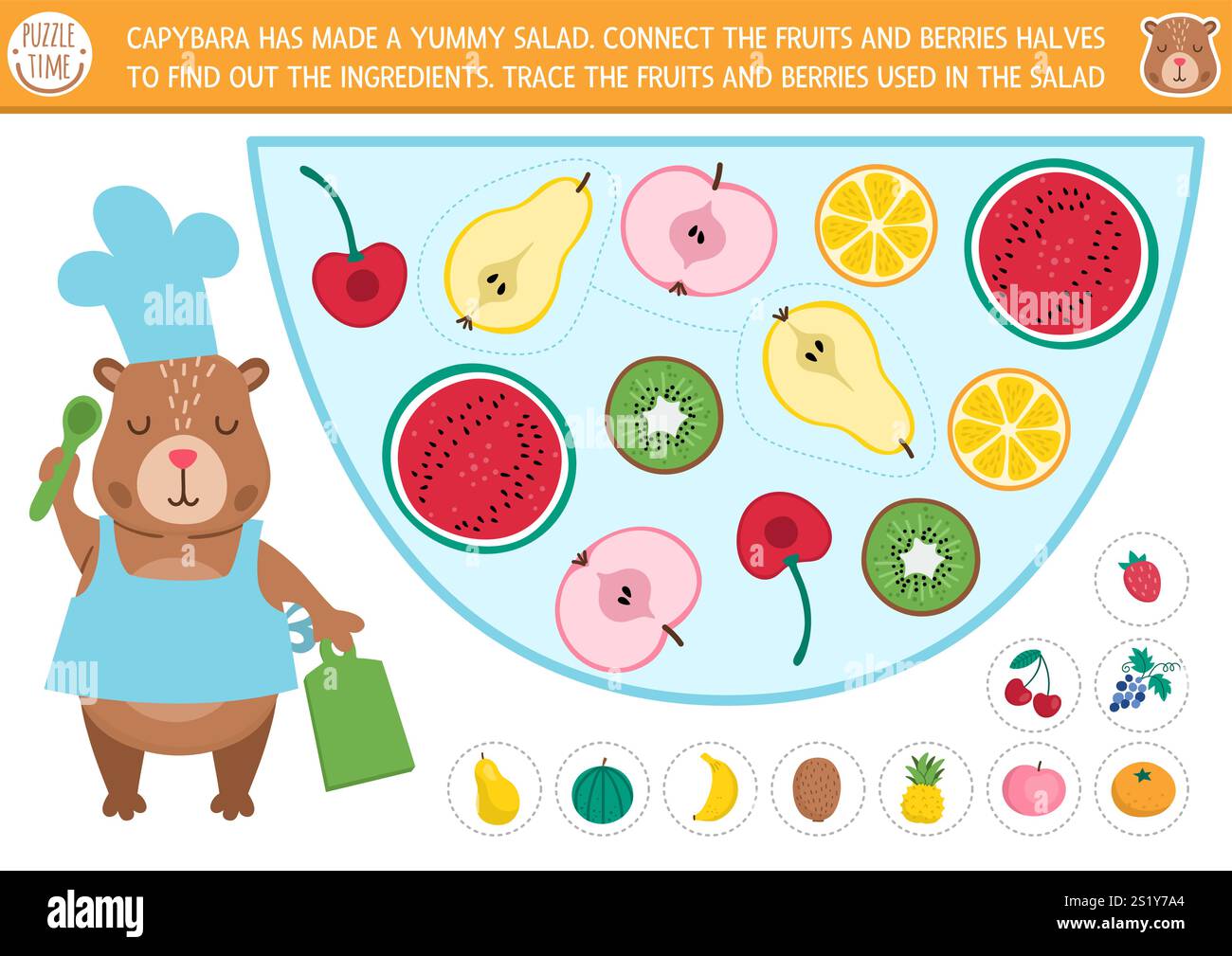 Find pair of fruit halves in capybara salad. Capibara matching activity ...