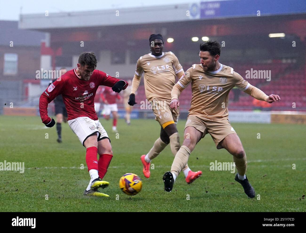 Crewe Alexandra's Jack Lankester has a shot blocked by Bromley's Callum ...
