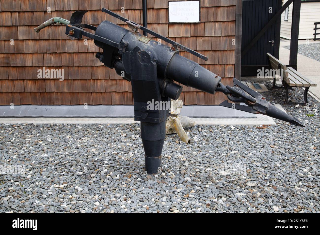 Whaling ship harpoon gun at the Dockyard Museum, Stanley, the Falkland ...
