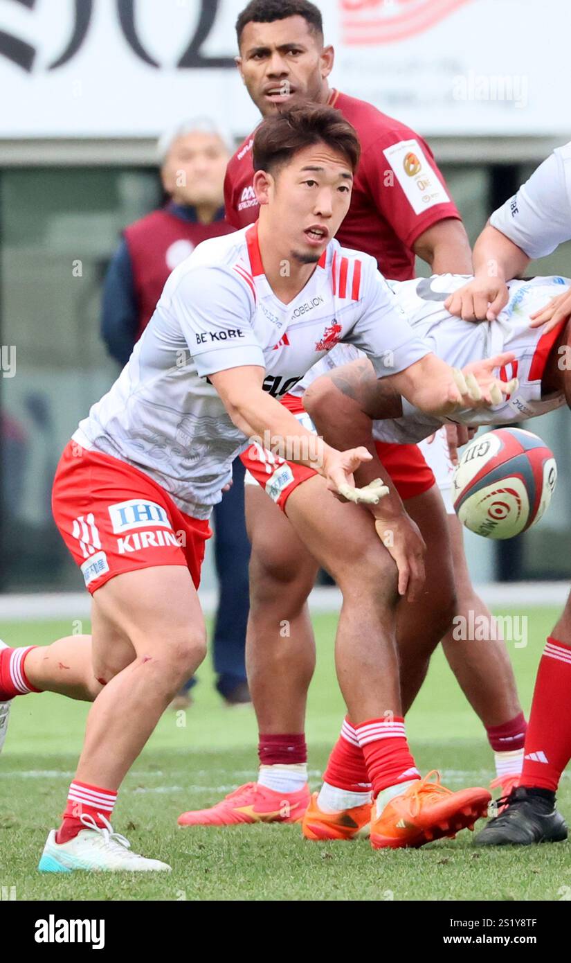 January 5, 2025, Tokyo, Japan - Kobelco Kobe Steelers scrum half Daiki Nakajima passes the ball ...