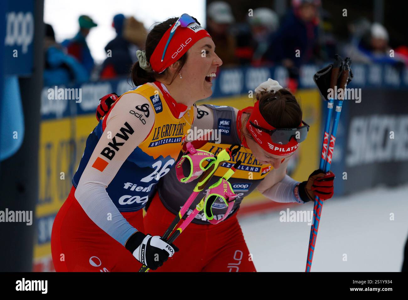 Switzerland's Anja Weber and Nadine Haehndrich celebrate after the 10km ...