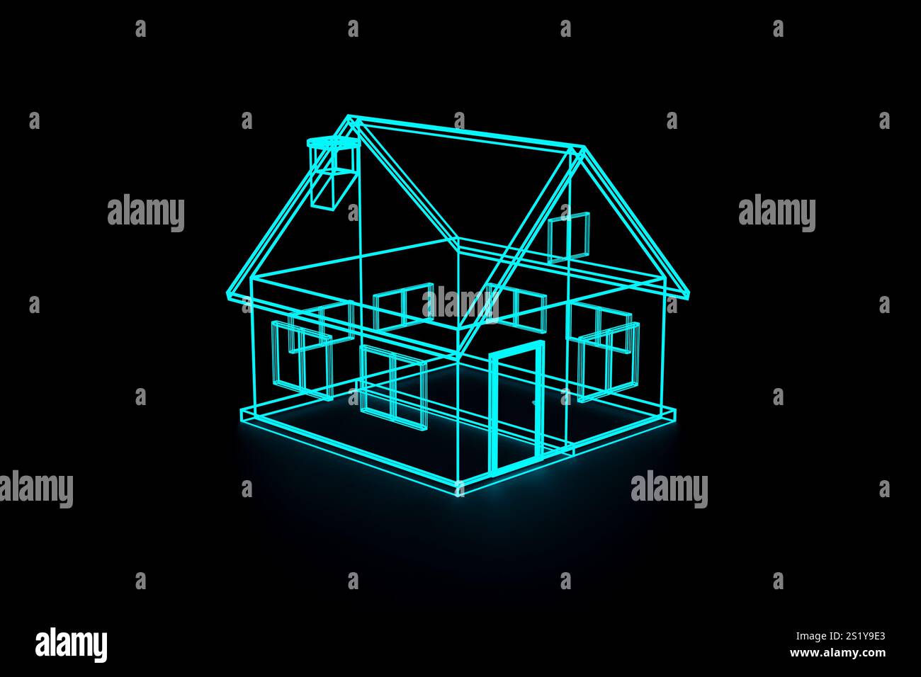 Minimal cute house made by neon blue wireframe on black background ...