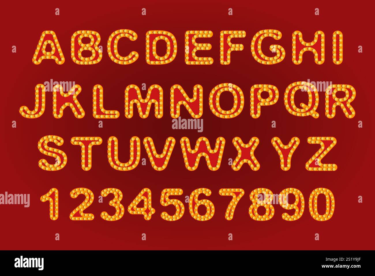 Illuminated alphabet and number set in marquee style with glowing ...
