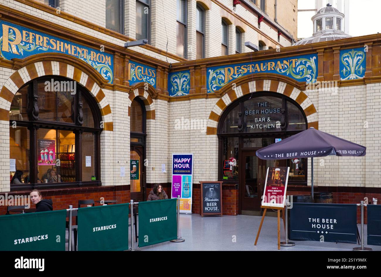 Ornate tiled refreshment and restaurant signs at Manchester Victoria ...