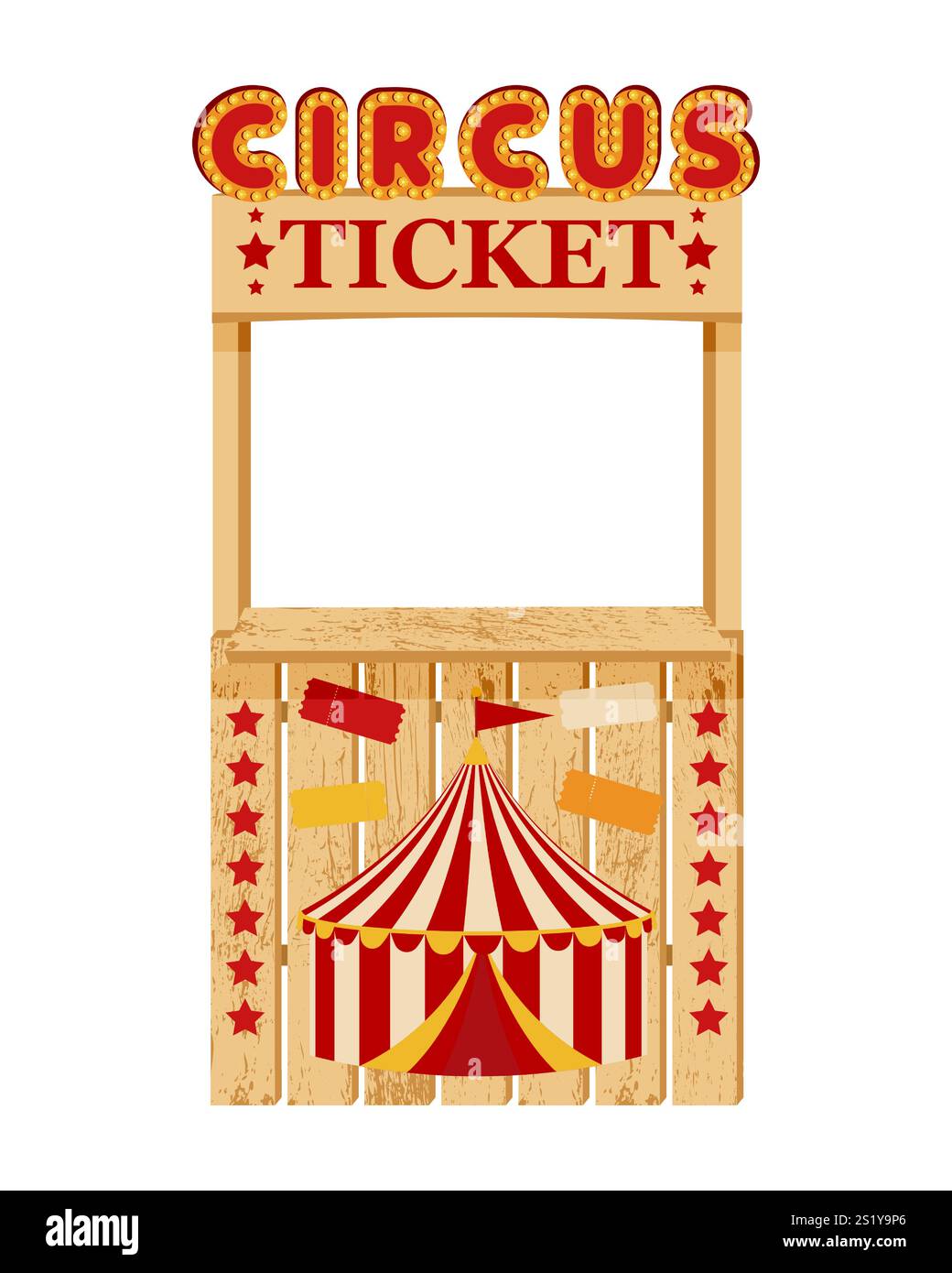 Wooden circus ticket booth with marquee lights and red striped tent illustration. Selling ...