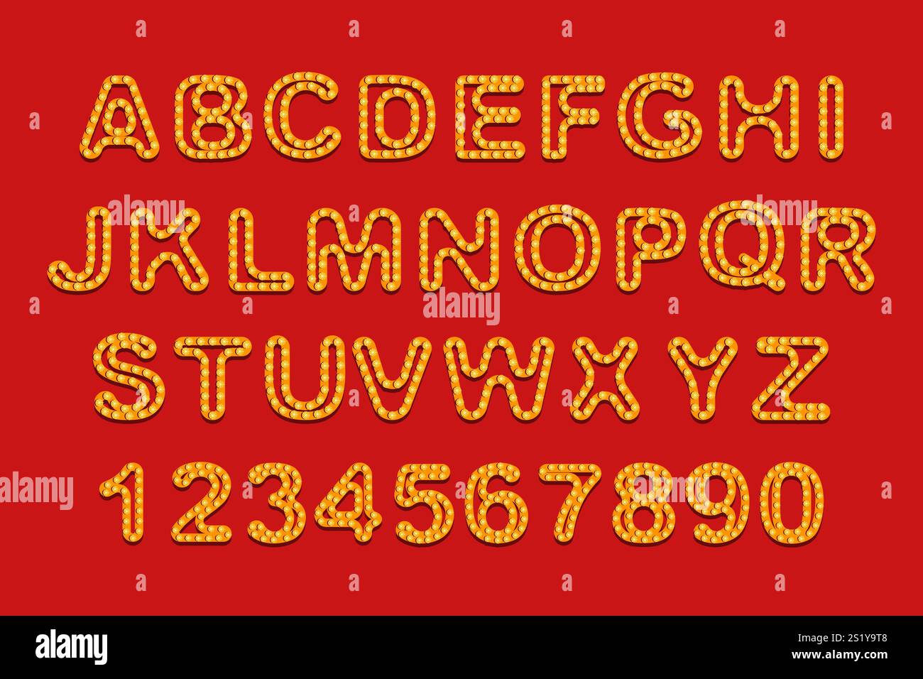 Alphabet and number set with marquee style glowing lights on red ...