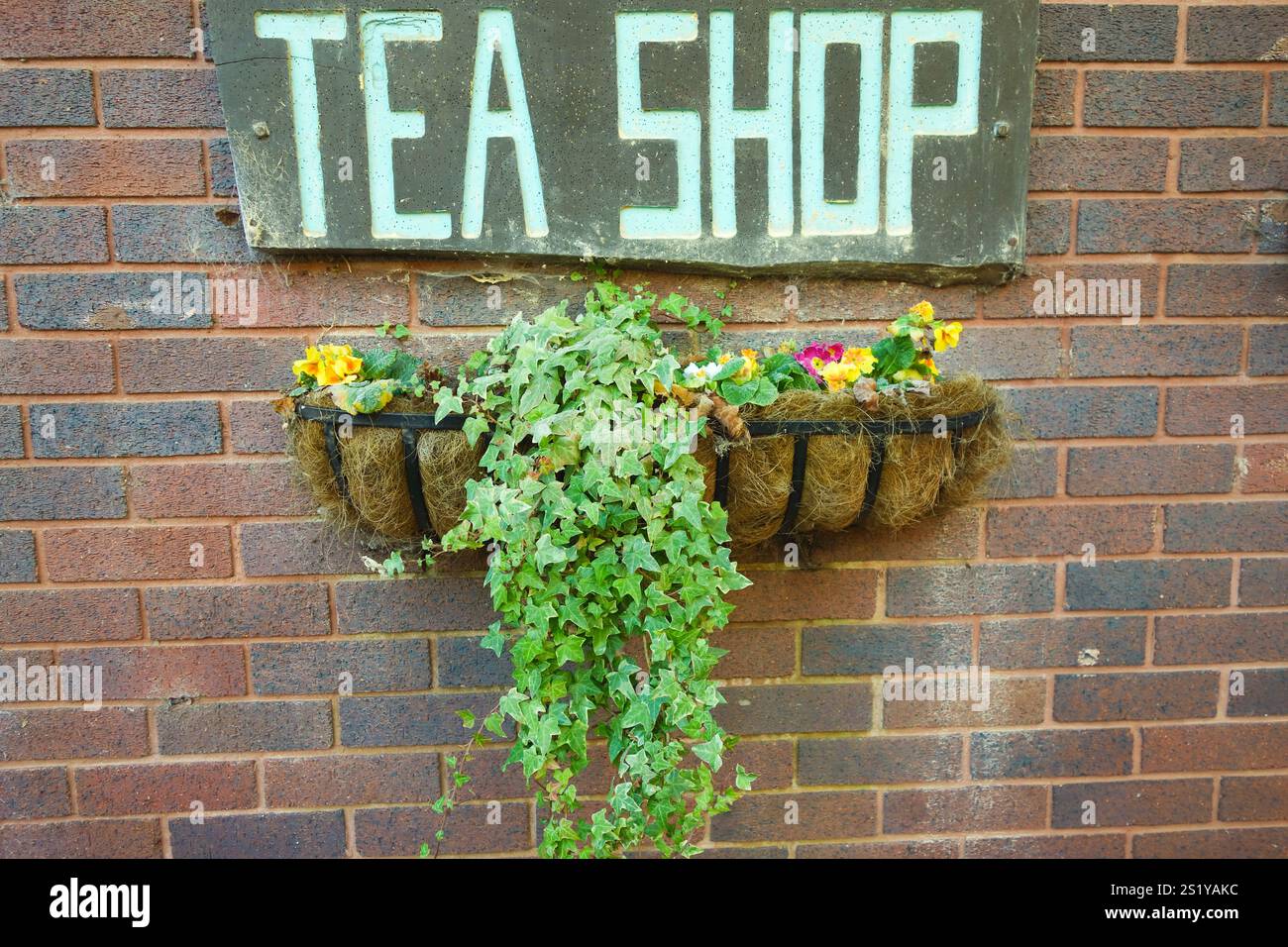 Tea shop sign with hanging basket UK Stock Photo - Alamy