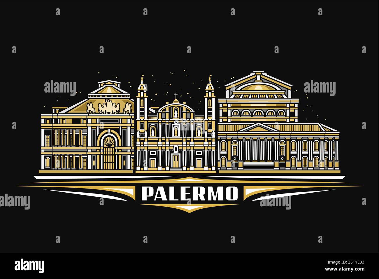 Vector illustration of Palermo, dark horizontal card with linear design ...