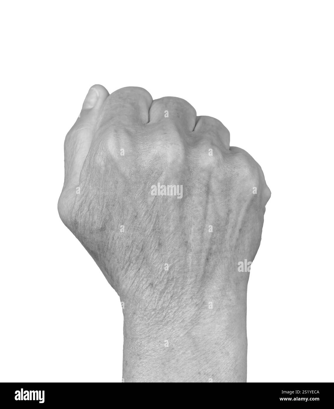 Clenched fist gesture. Senior woman s wrinkled hand shown from the ...