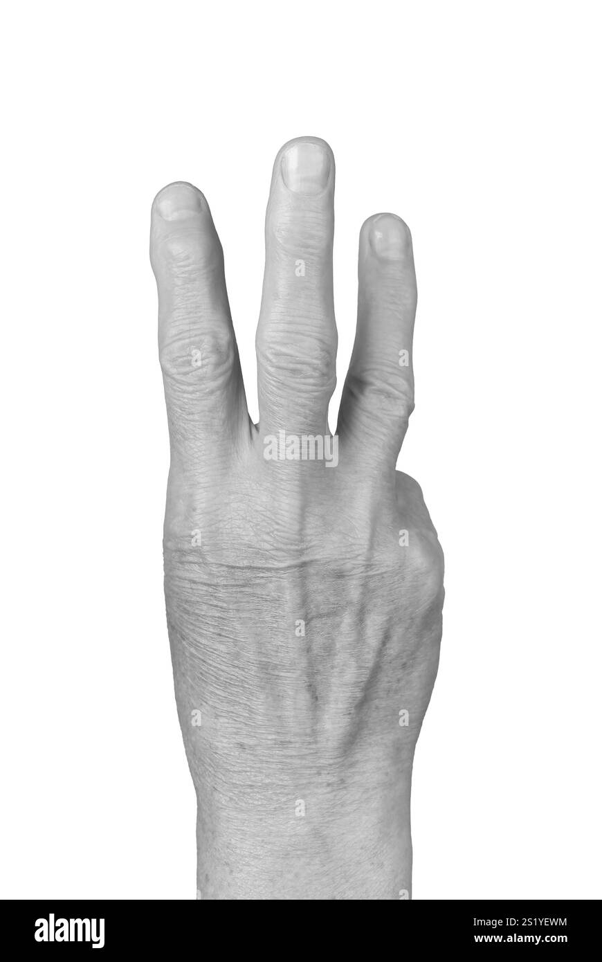 Three finger gesture. Senior woman s wrinkled hand with three fingers ...
