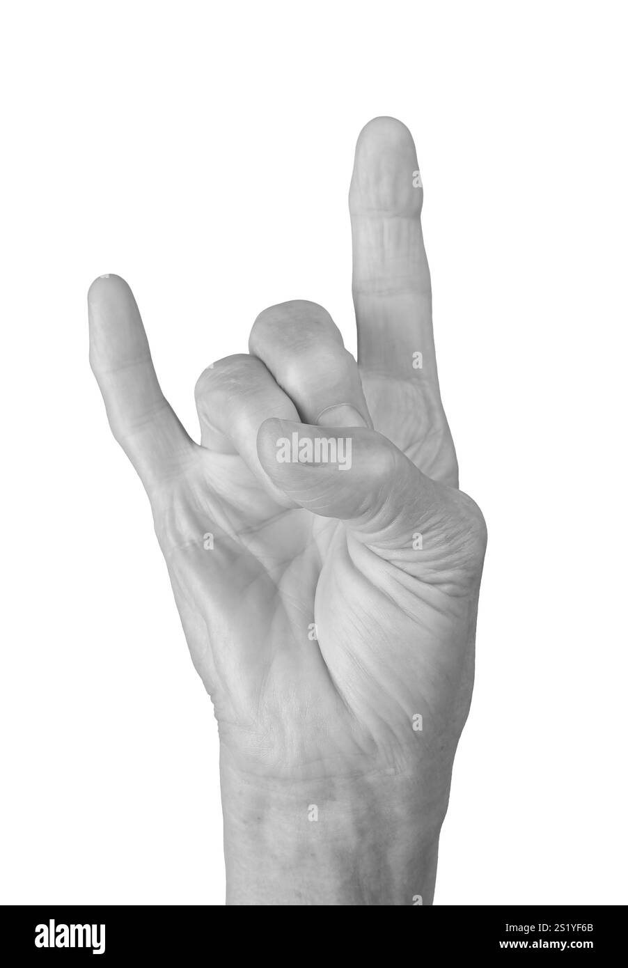 Rock hand sign. Senior woman s wrinkled hand showing the horns gesture ...