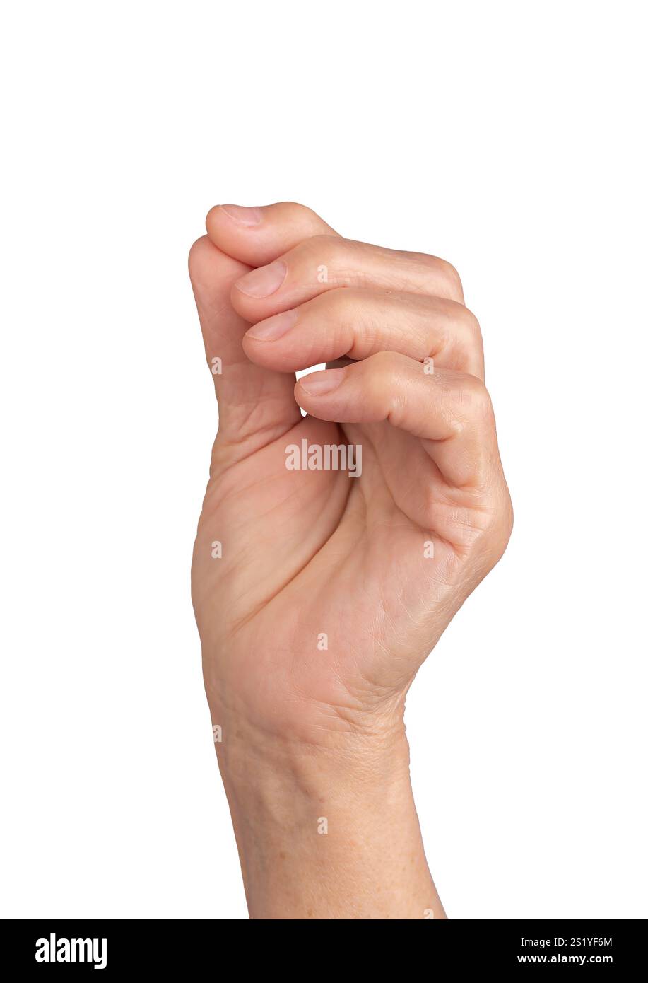 Religious hand gesture. Senior woman s wrinkled hand holding a small ...