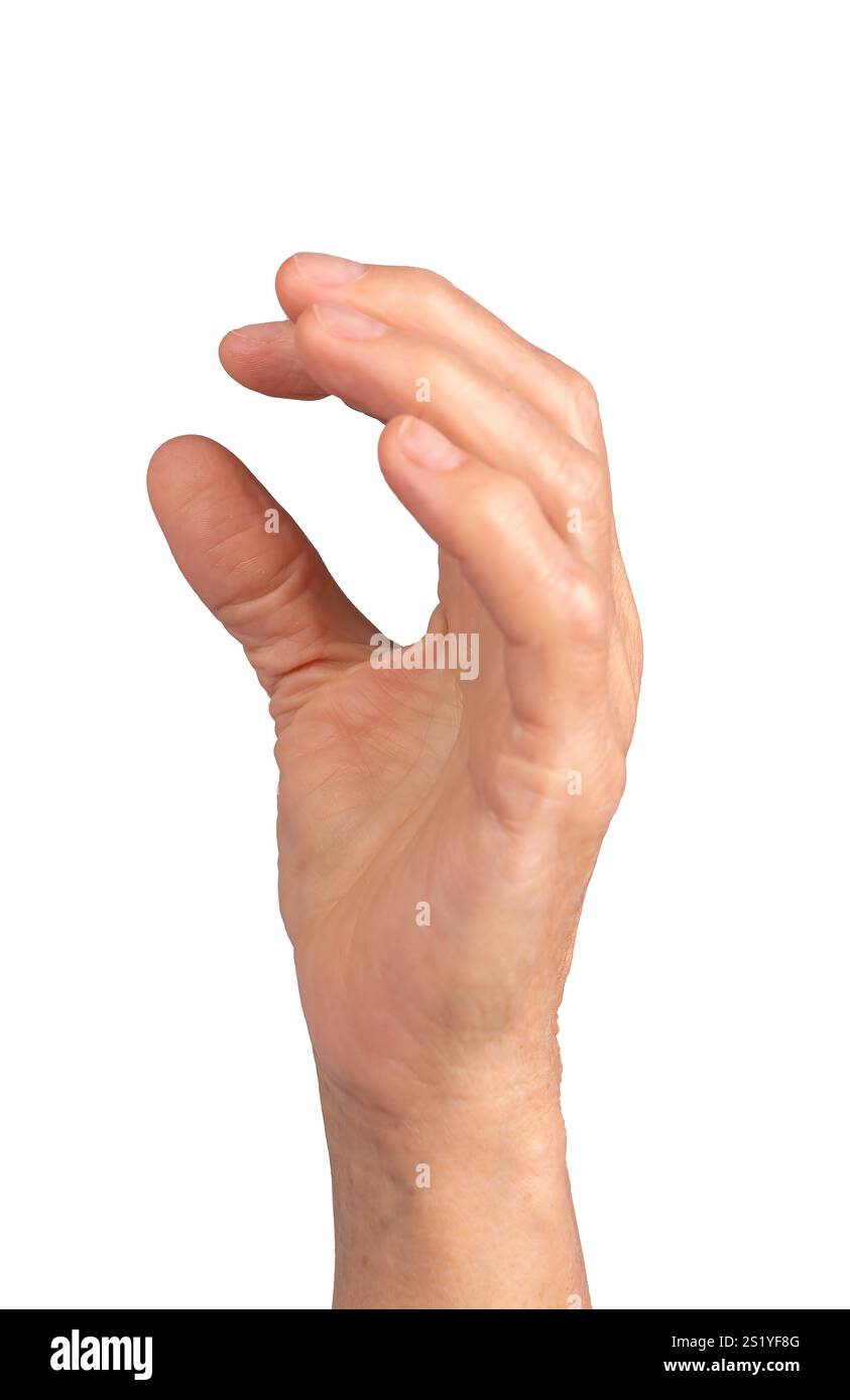 Pinch gesture. Senior woman s wrinkled hand with thumb and index finger ...