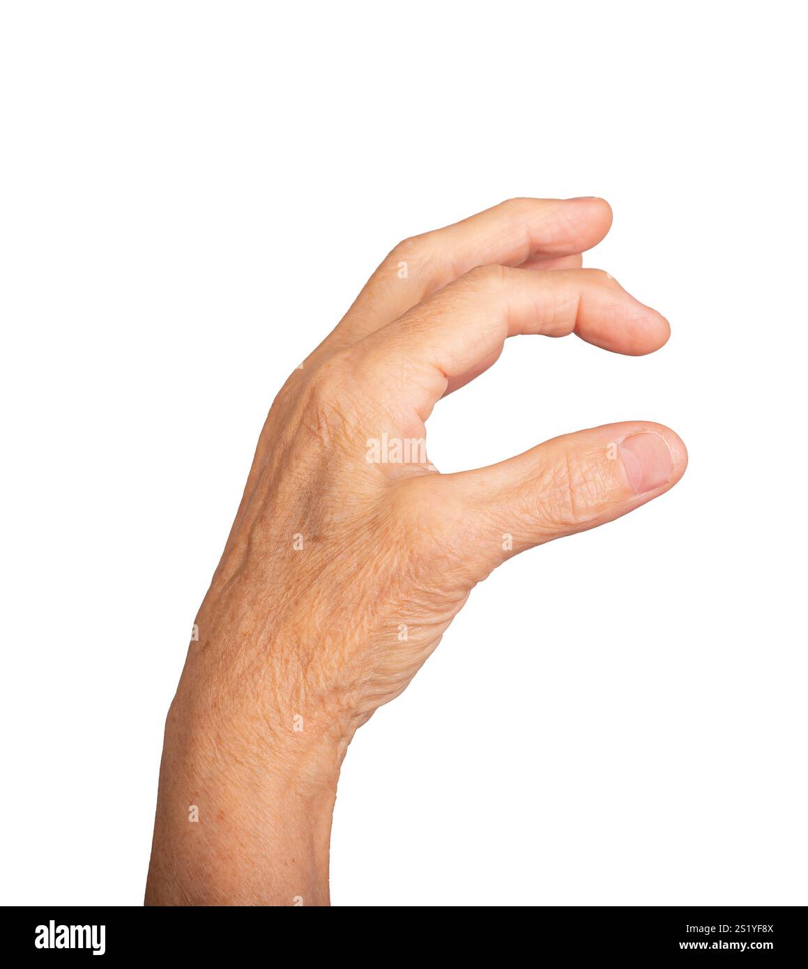 Pinch gesture. Senior Caucasian woman s wrinkled hand with thumb and ...