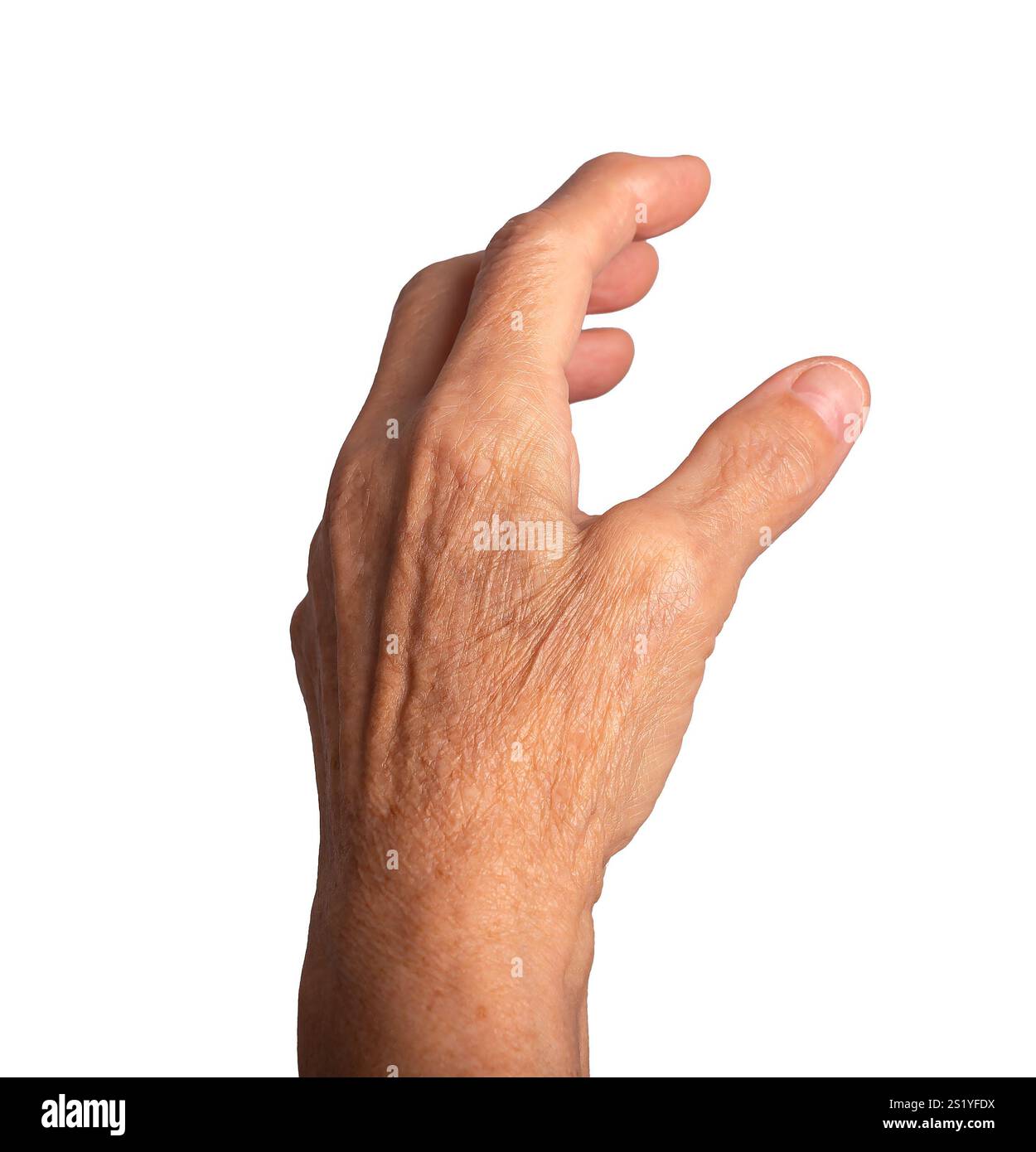 Outstretched hand gesture. Senior Caucasian woman s wrinkled left hand ...