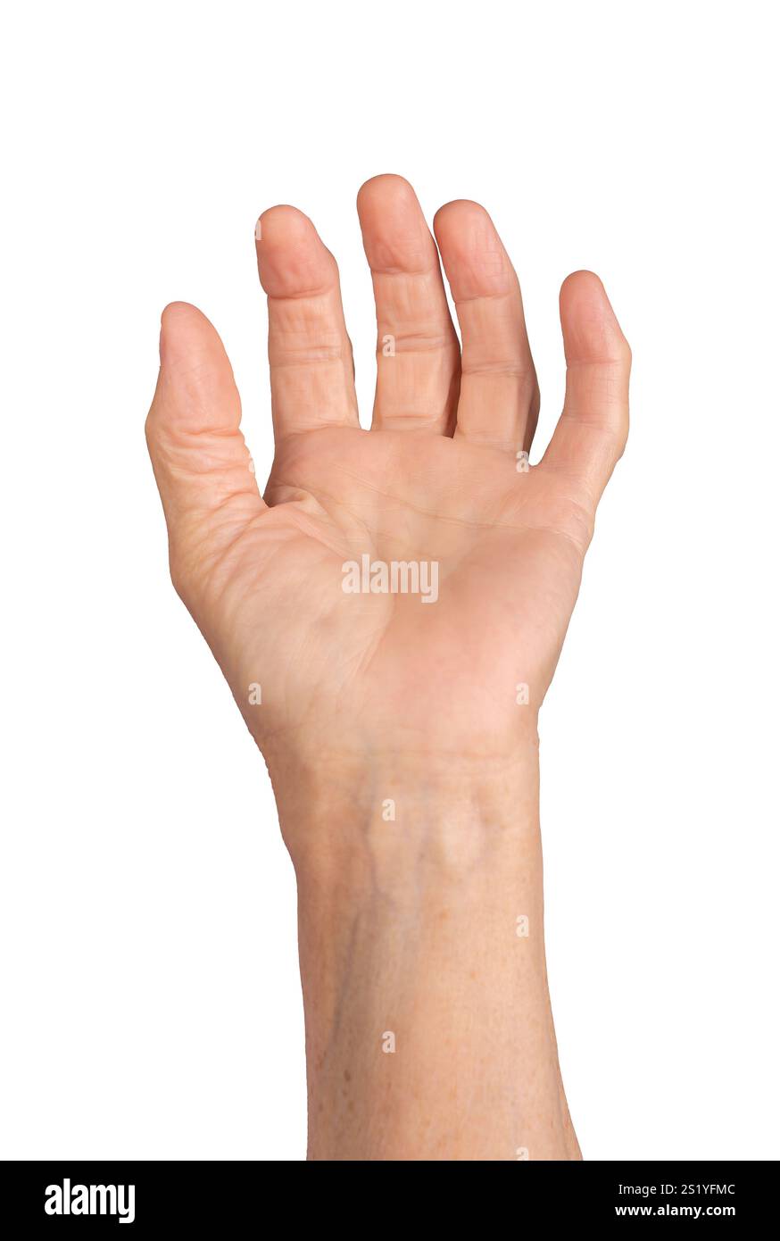 Grasping hand gesture. Senior woman s wrinkled hand with fingers spread ...