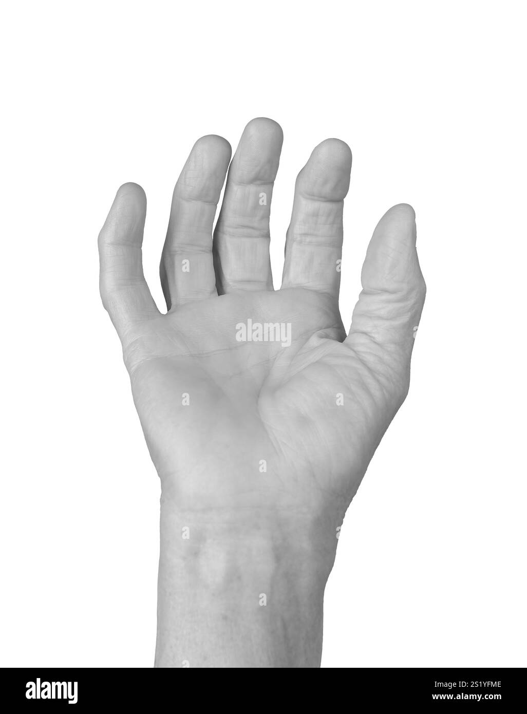 Grasping gesture. Senior woman s wrinkled hand with fingers spread and ...